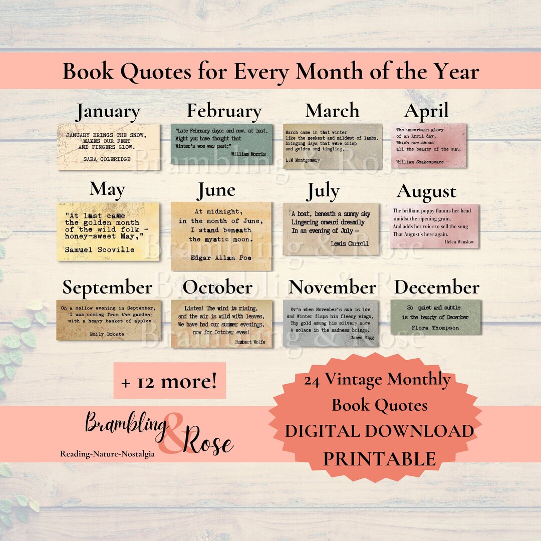 Book Quotes for Every Month, Printable Journal Quotes, Seasonal ...