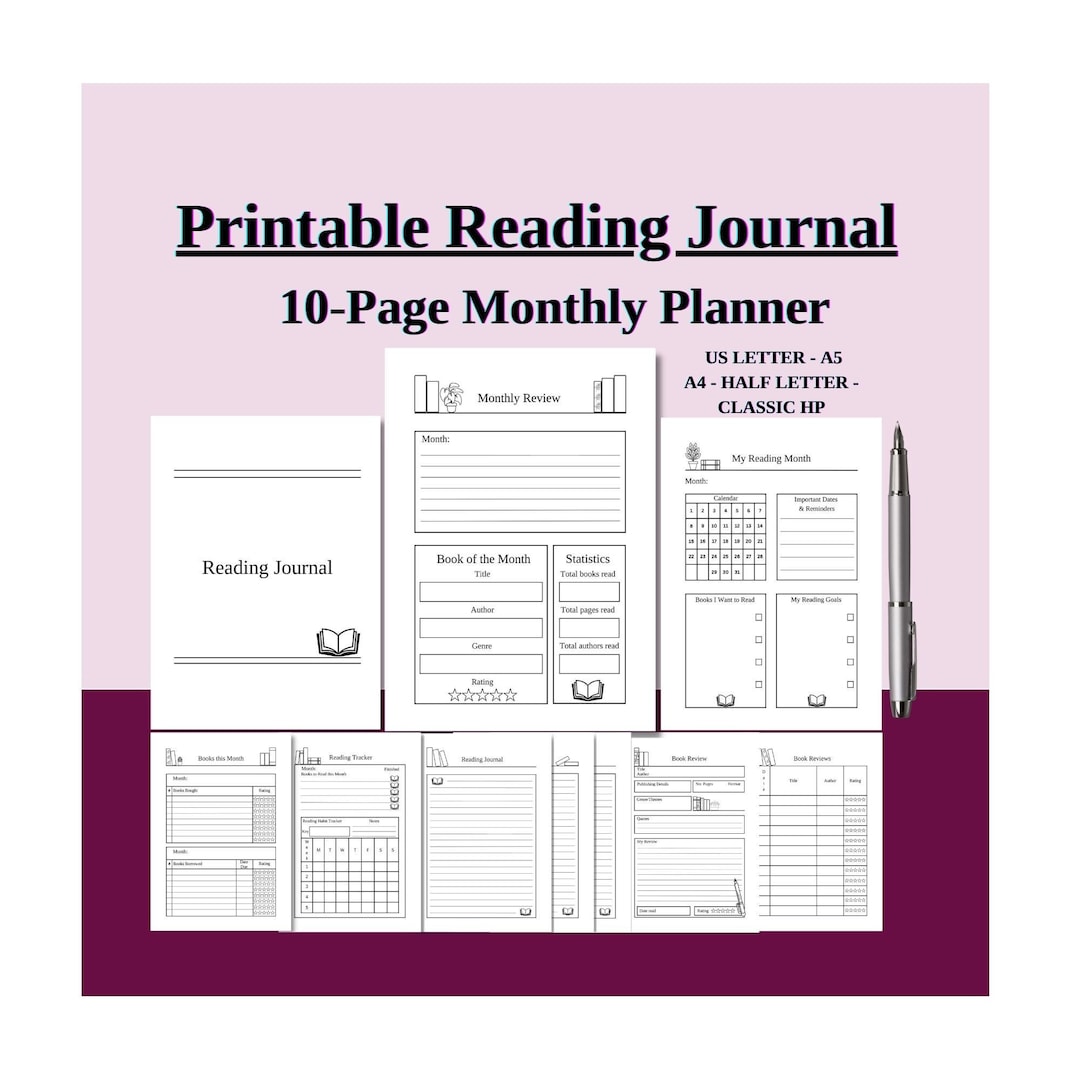 Printable Reading Journal, Monthly Reading Planner, Book Review, Book ...