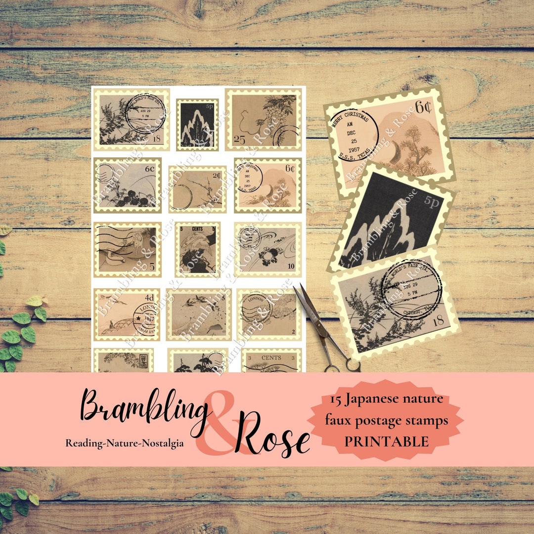 Japanese Nature Stamps, Digital Printable Faux Postage Stamps, Vintage ...