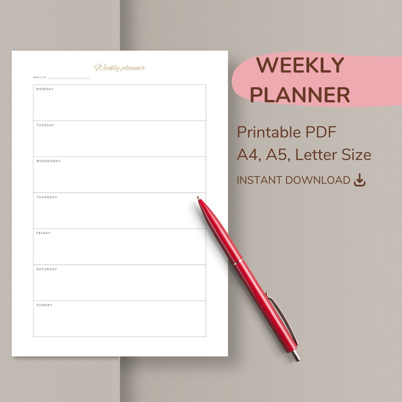 Weekly Planner Printable, Weekly Task List PDF, A5, Letter, A4 Digital ...
