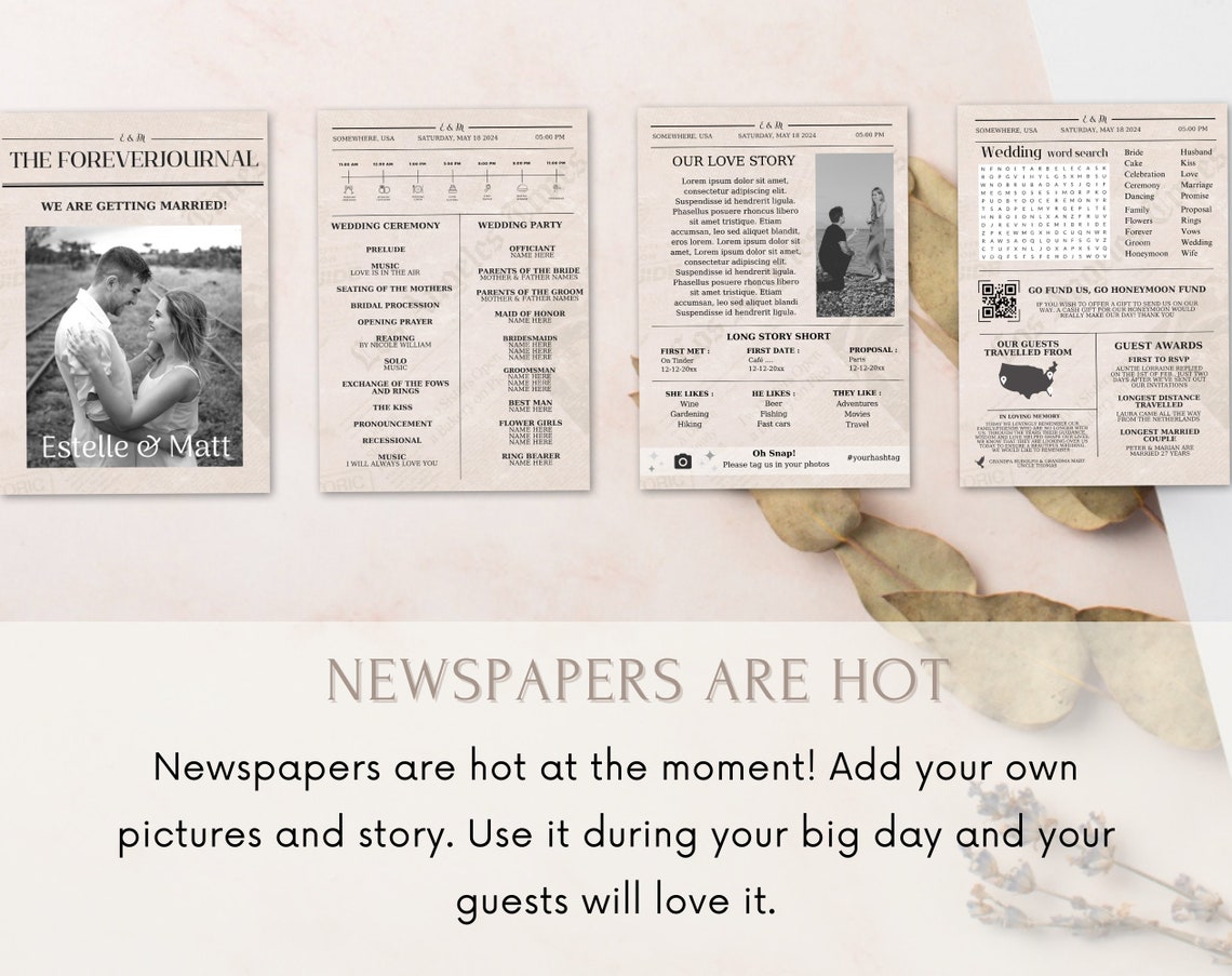 Vintage Printable Wedding Newspaper Program, Editable Template Canva ...