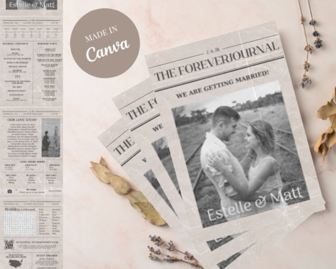 Vintage Printable Wedding Newspaper Program, Editable Template Canva ...