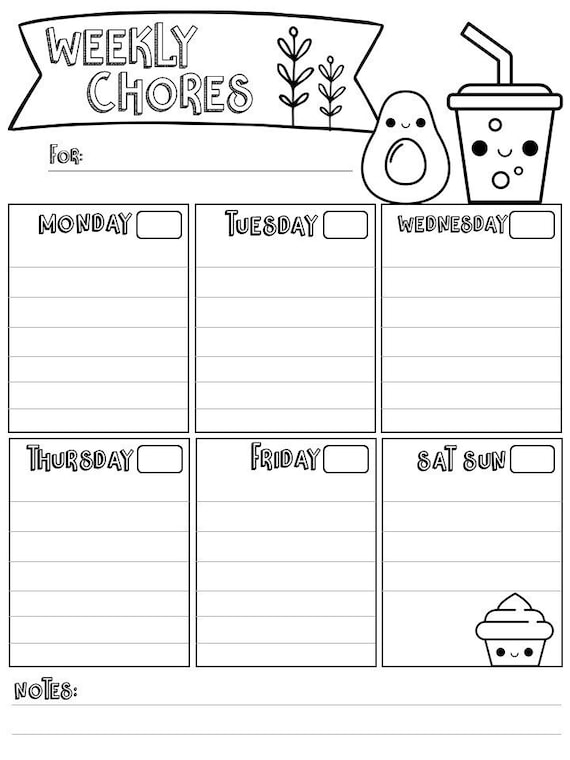 CUTE FOOD Printable Weekly Chores Chart | Etsy