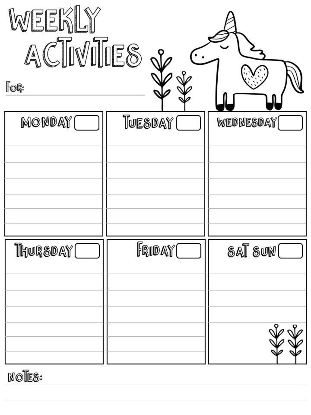 CUTE UNICORN Printable Weekly Activity Chart - Etsy