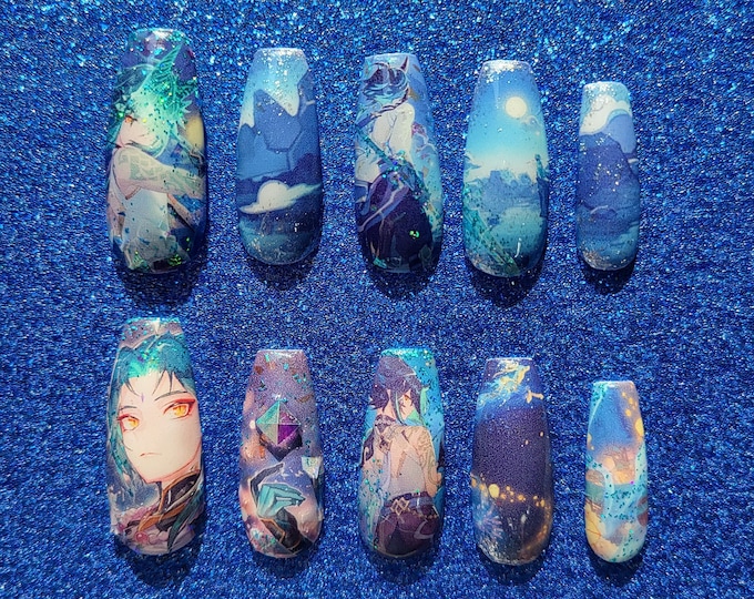 Xiao Genshin Impact Liyue Sparkly Acrylic Press on Nails Set - Etsy