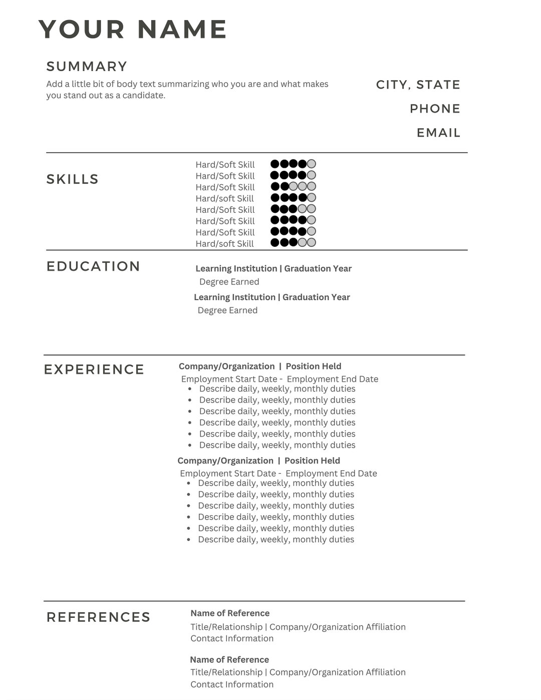 Custom Editable Resume Template Downloadable Customizable Professional ...