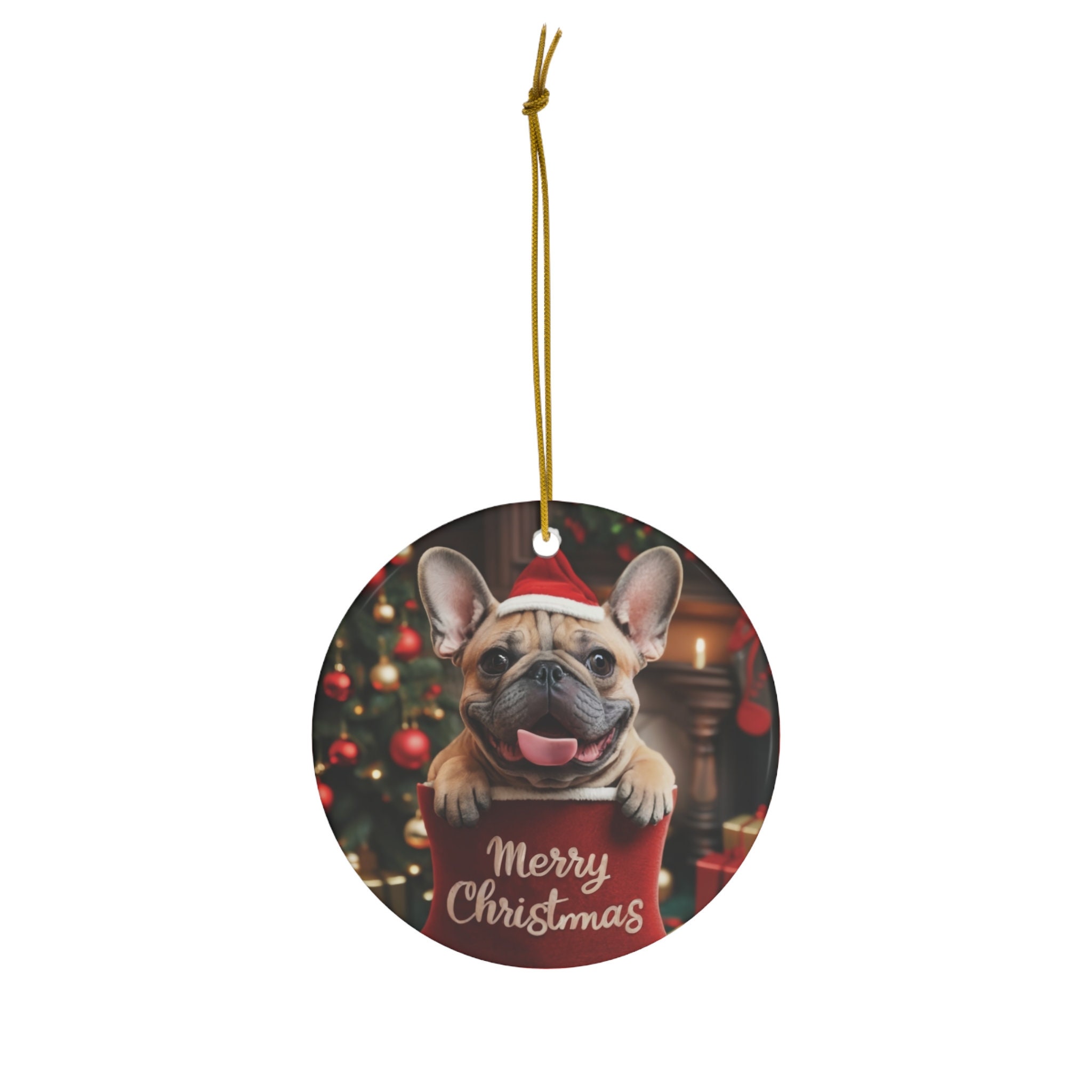 French Bulldog Puppy in Stocking With Santa Hat | Ceramic Ornament ...
