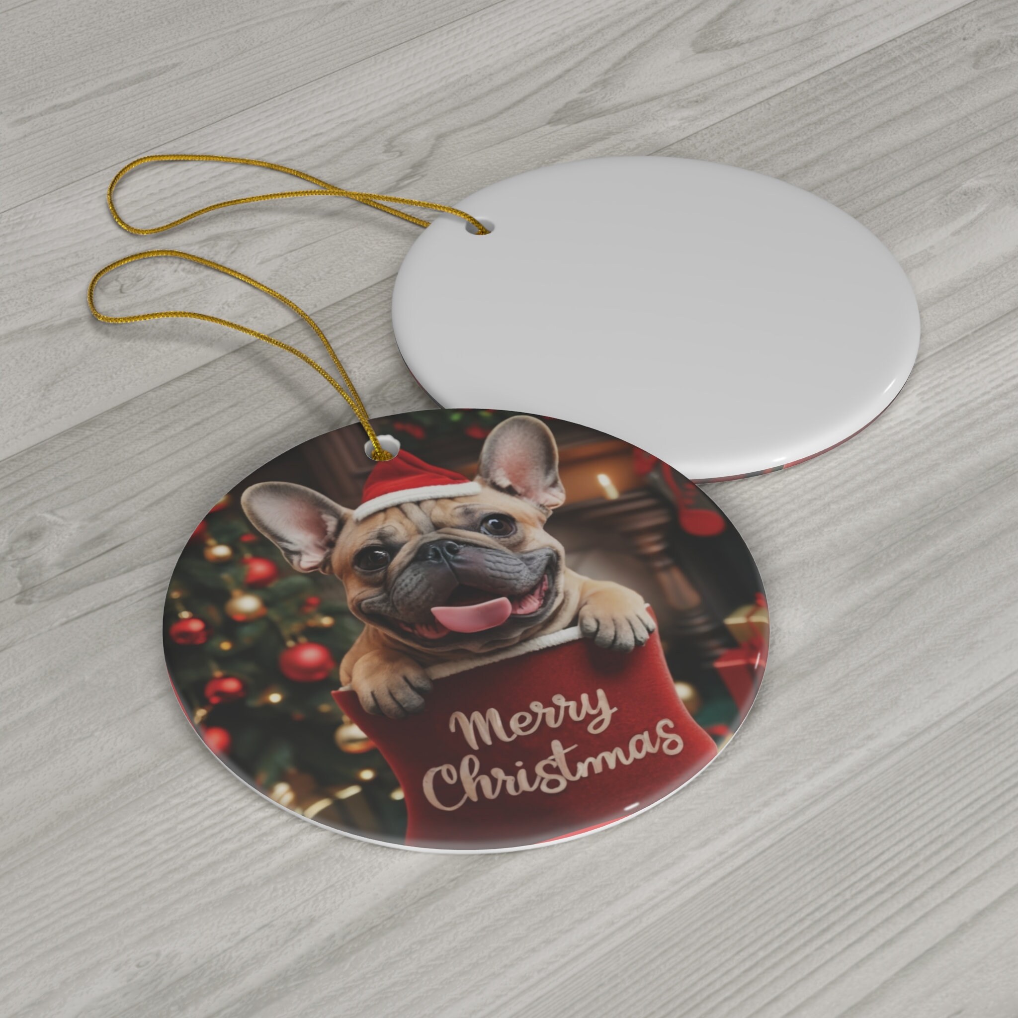 French Bulldog Puppy in Stocking With Santa Hat | Ceramic Ornament ...