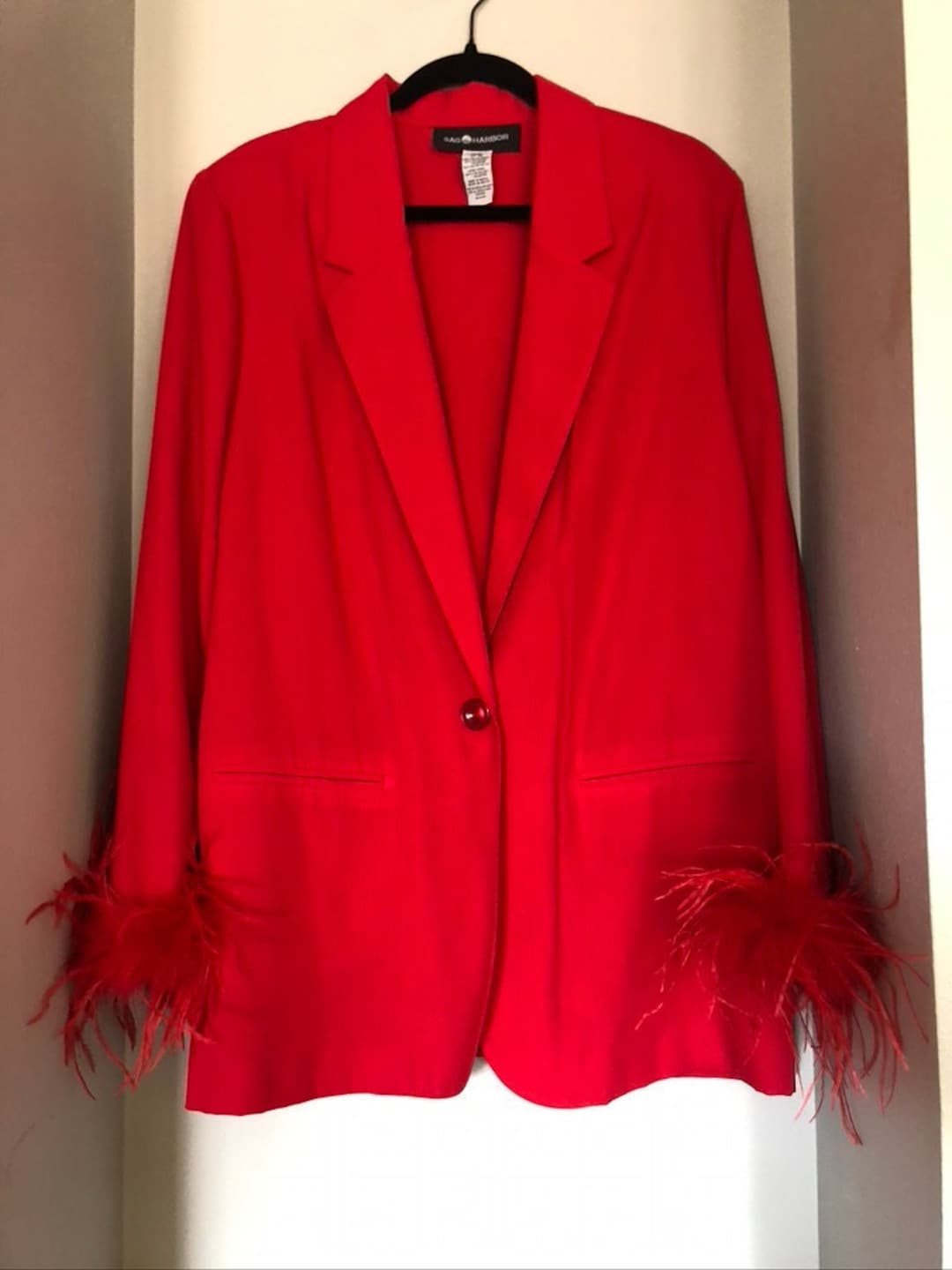 Upcycled Red Oversized Blazer With Hand Sewn Feather Sleeve Trim - Etsy