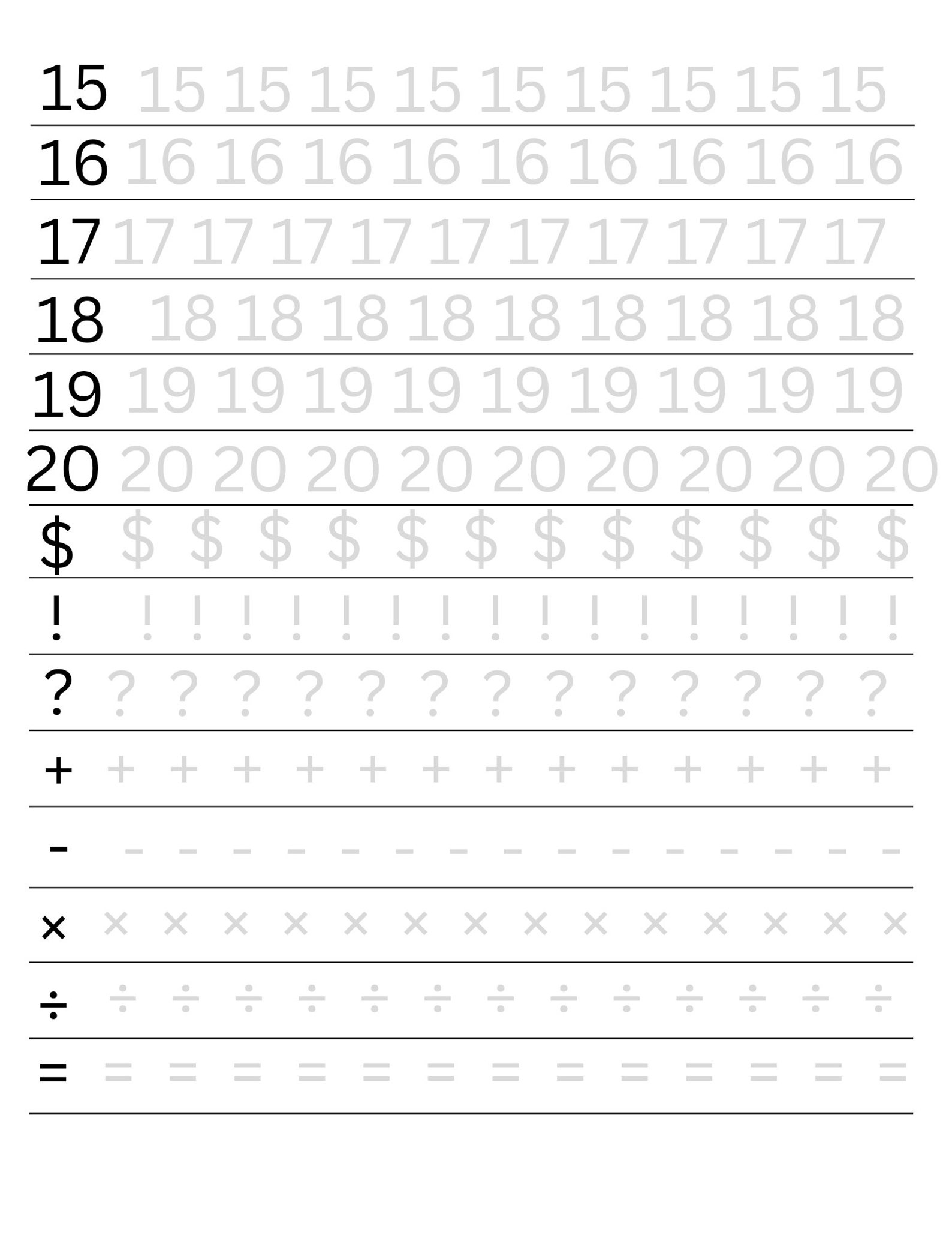 Number Tracing 1-20 Tracing & Symbols Handwriting Practice Learn to ...