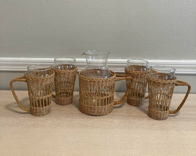 Vintage Wicker Rattan Pitcher With Handle and Set of 4 Wicker Rattan ...