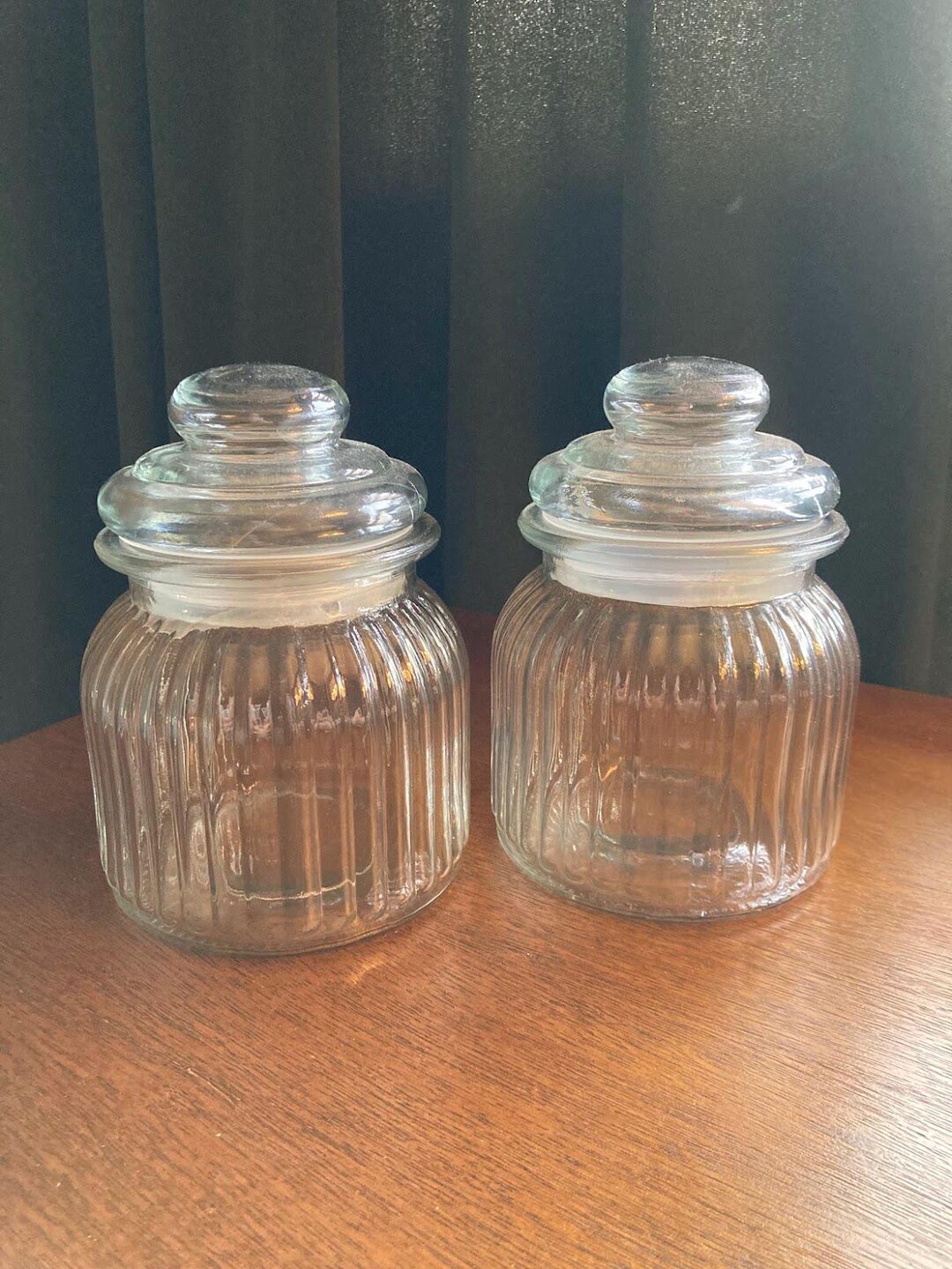 Set of 2 Small Textured Glass Canisters With Lids | Vintage Glass Jars ...