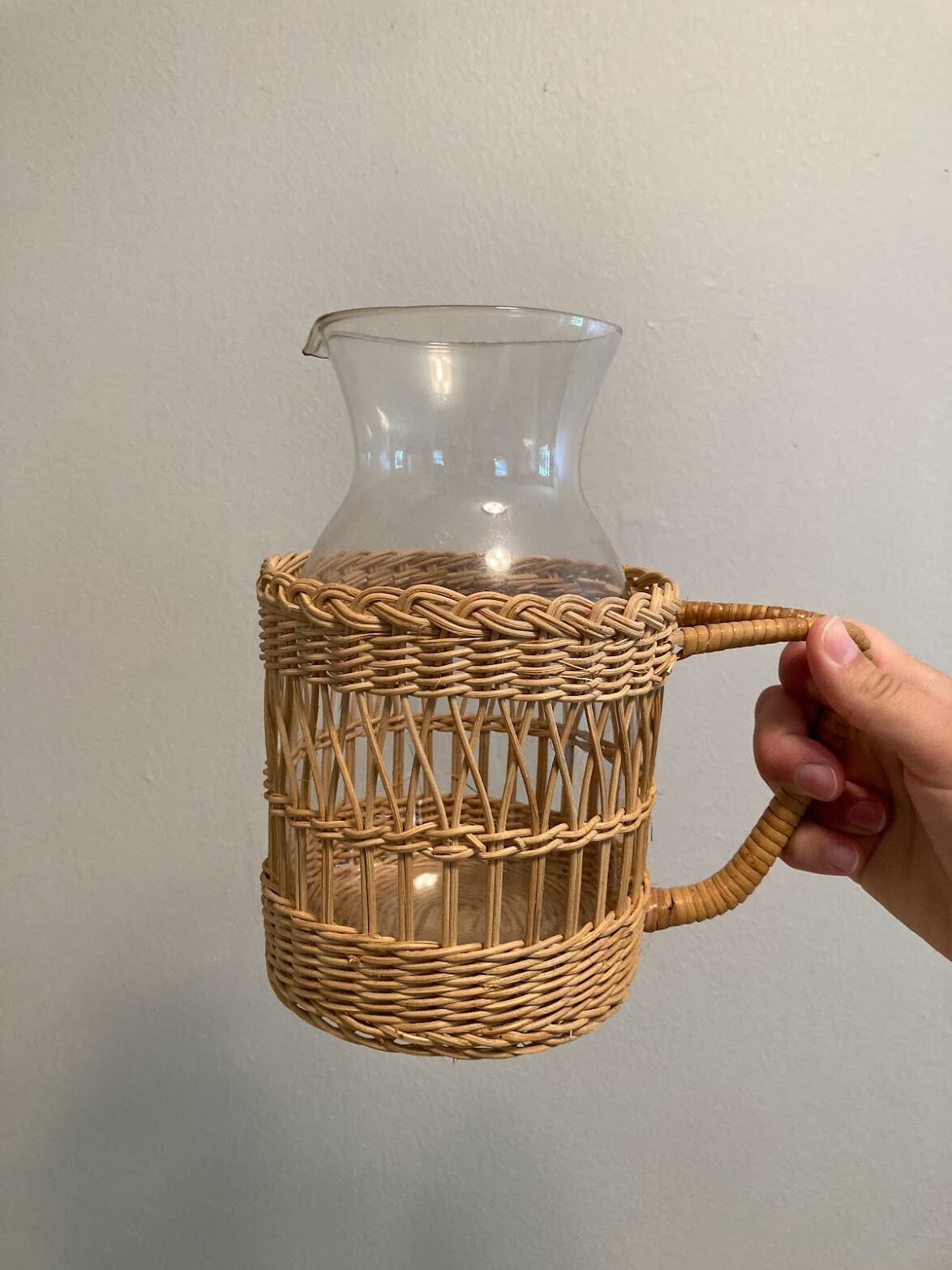 Vintage Wicker Rattan Pitcher With Handle and Set of 4 Wicker Rattan ...