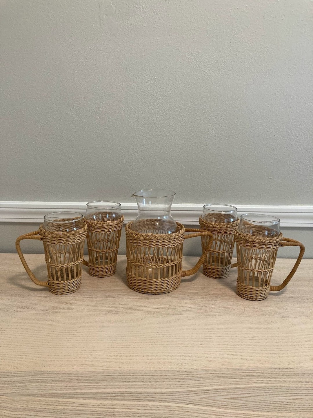 Vintage Wicker Rattan Pitcher With Handle and Set of 4 Wicker Rattan ...