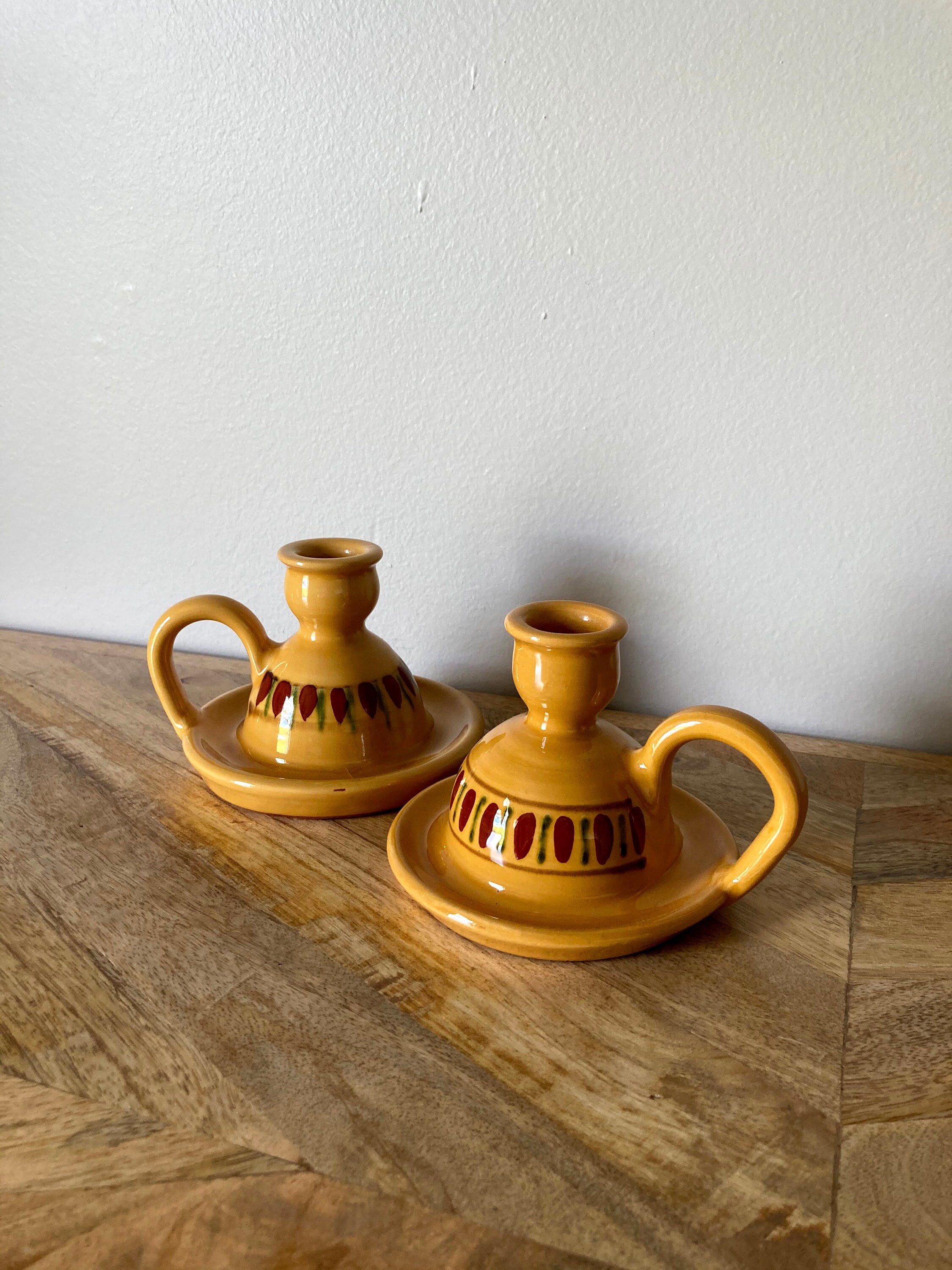 Set of Two Yellow Ceramic Candlesticks With Handles Candle Holders With ...