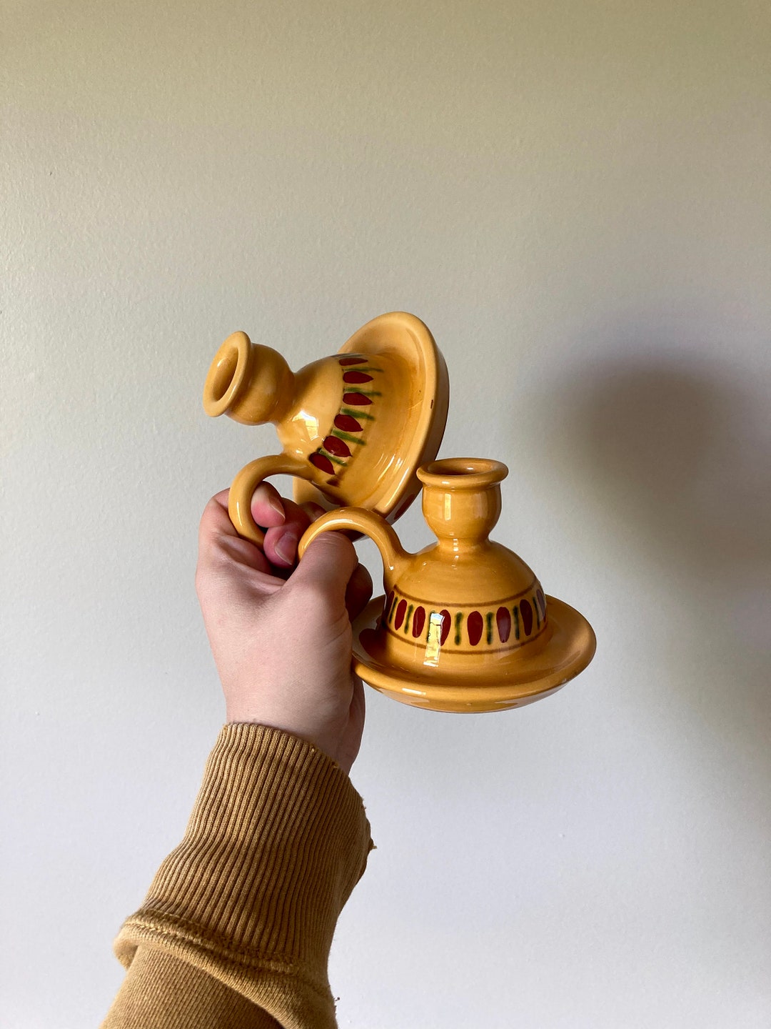 Set of Two Yellow Ceramic Candlesticks With Handles Candle Holders With ...