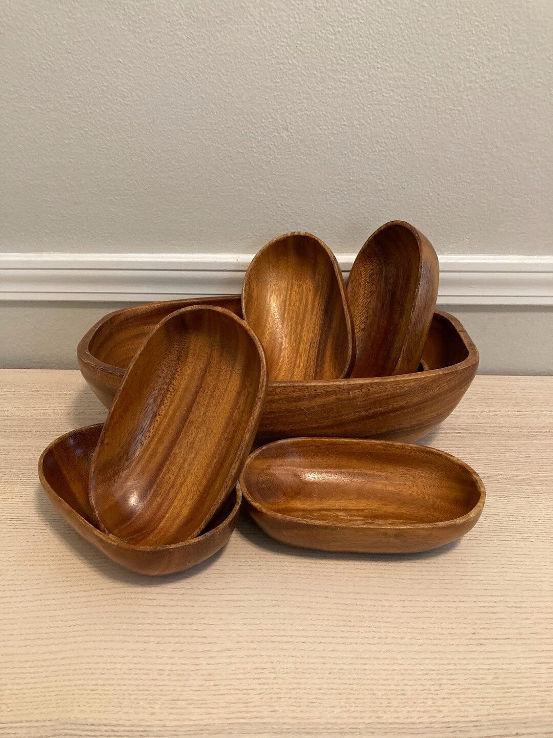 Large Long Acacia Wood Salad Bowl With Set of 6 Small Matching Salad ...