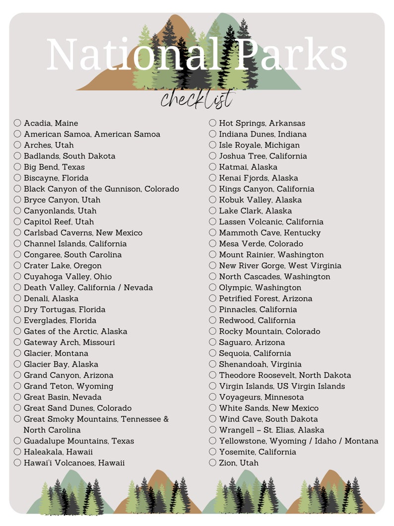 63 National Park Checklist Poster Size 18in X 24in & A4 - Etsy
