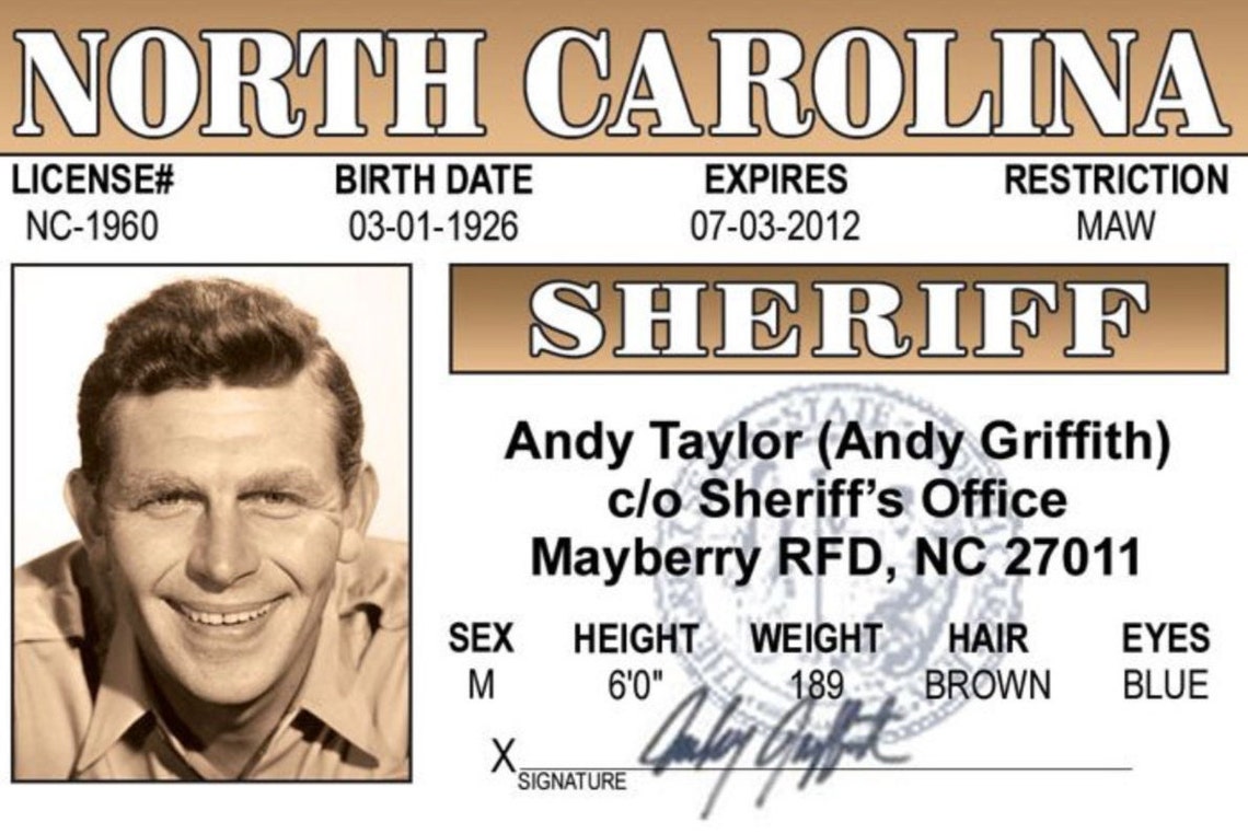 Sheriff Andy Taylor Drivers License From the Andy Griffith Show on a 3. ...