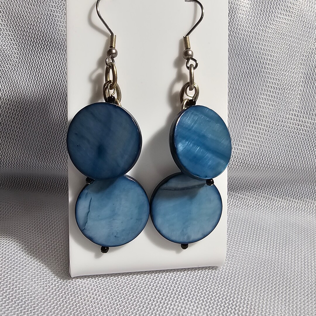 Blue Mother of Pearl Round Drop Earrings on Chain - Hypoallergenic ...