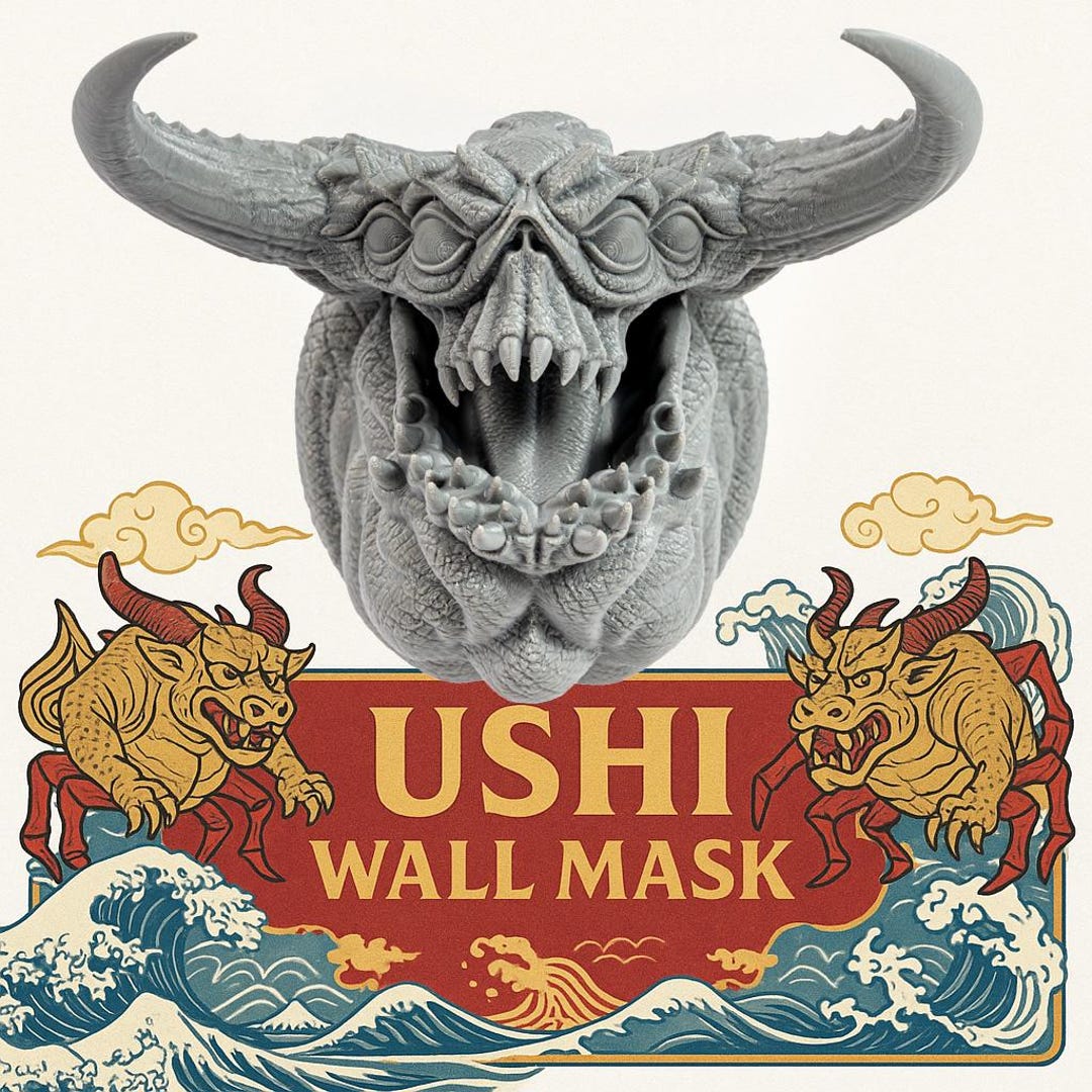 Ushi Demon Wall Head – 3D Printed Sculpture, Grey PLA, Wall Mounted ...