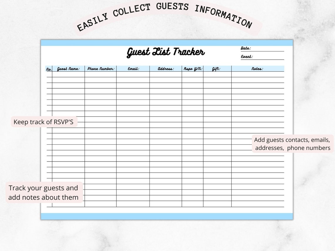 Printable Guest List Tracker Guest List Template Event List - Etsy