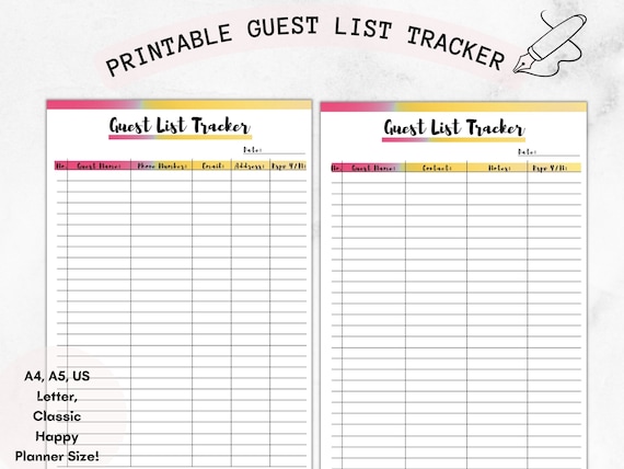 Printable Guest List Tracker Guest List Template Event List - Etsy