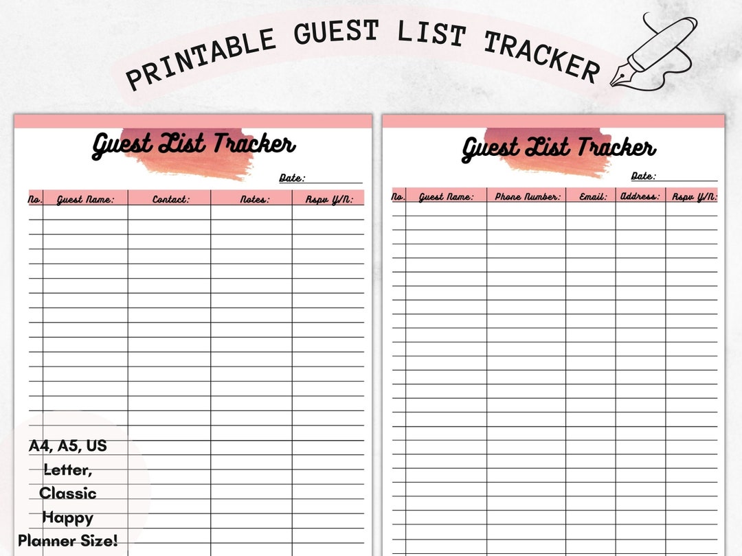 Printable Guest List Tracker Guest List Template Event List - Etsy