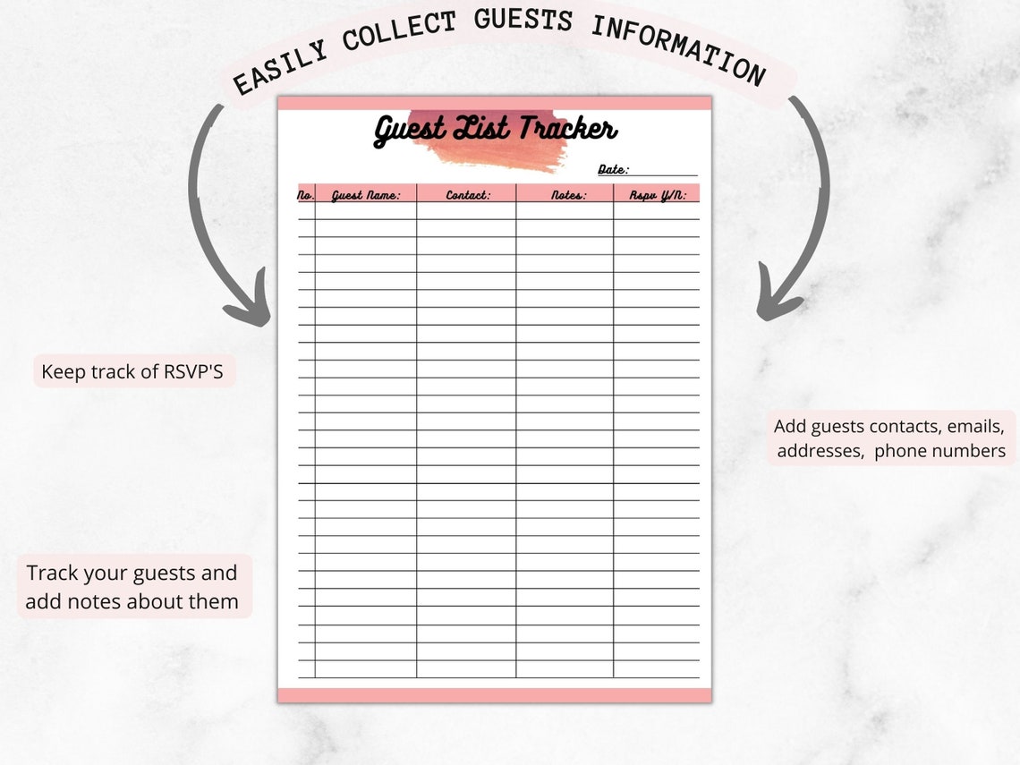 Printable Guest List Tracker Guest List Template Event List - Etsy