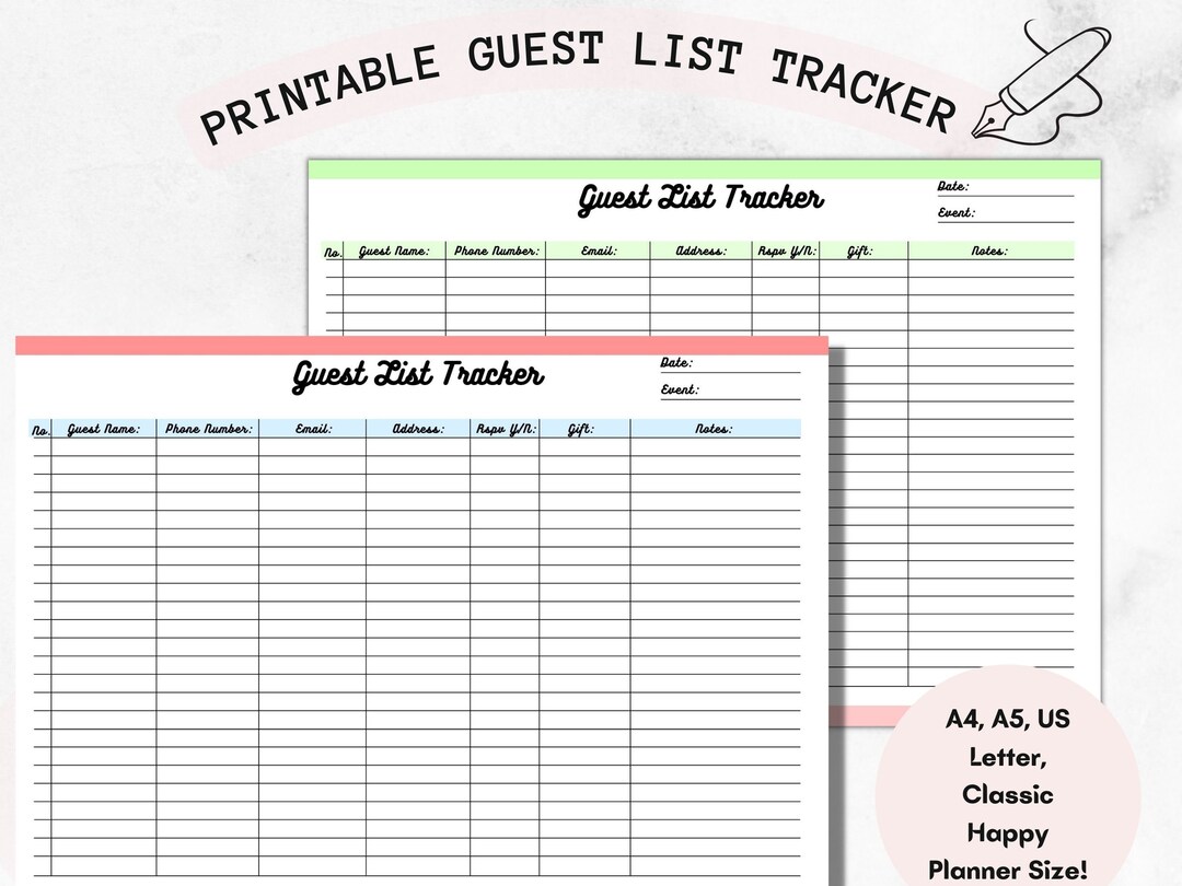 Printable Guest List Tracker Guest List Template Event List - Etsy