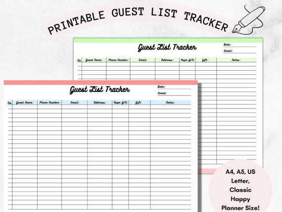 Printable Guest List Tracker Guest List Template Event List - Etsy