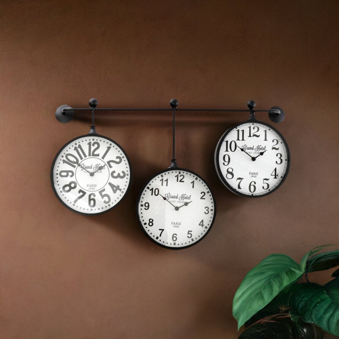 Metal Black Wall Clocks, Set of 3 Hanging Vintage Style Station Clock ...