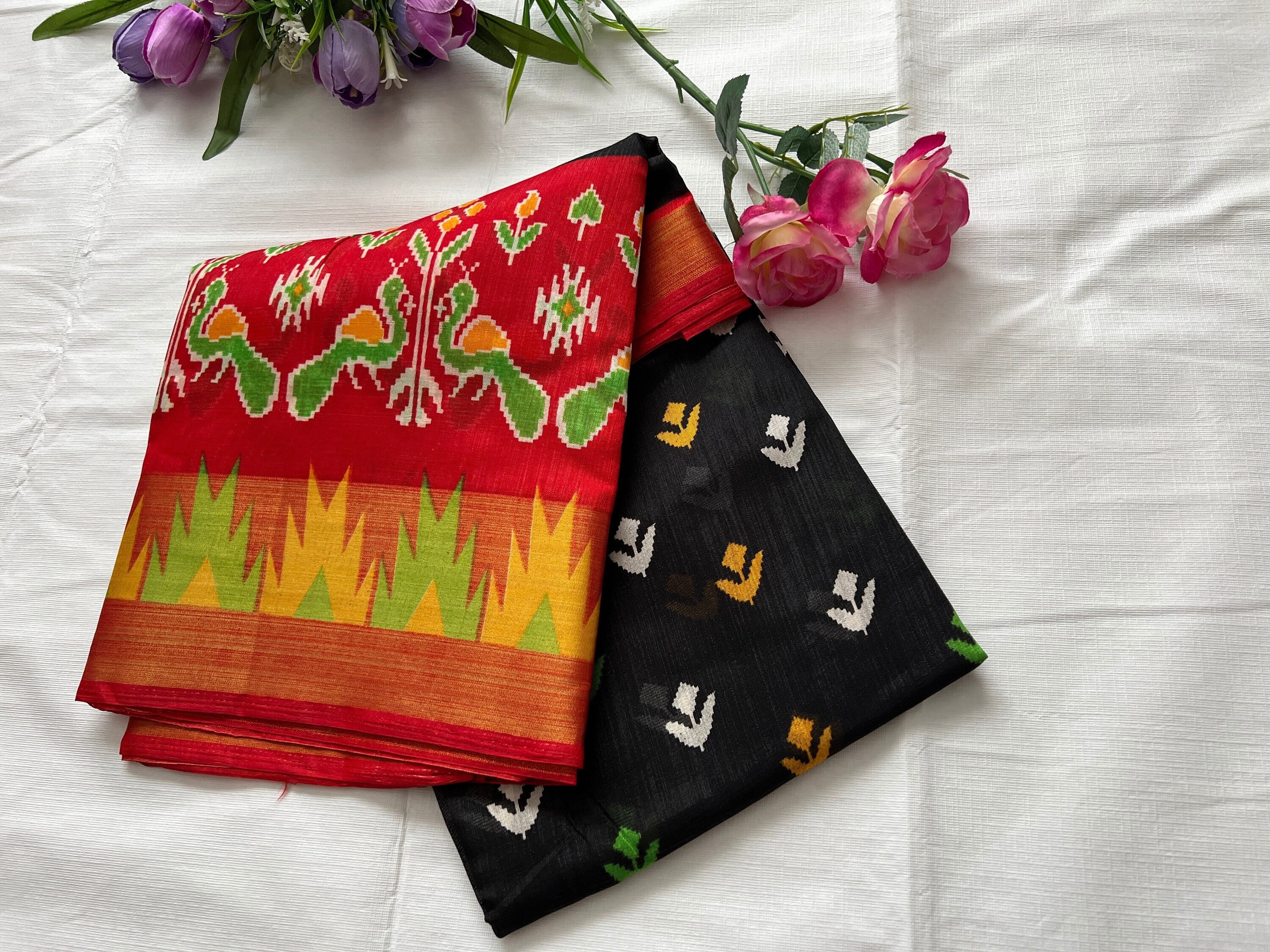 Chandri Ikkat Designe Saree/daily Wear/party Were Black Saree/ With Red ...