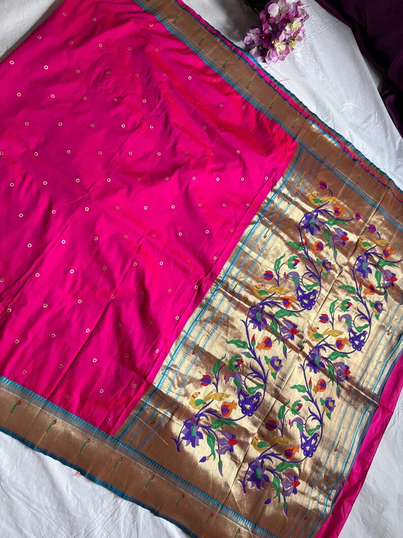 Rani Pink Paithani Silk Saree: Soft /gold Yellow Zari Border/fall Edges ...