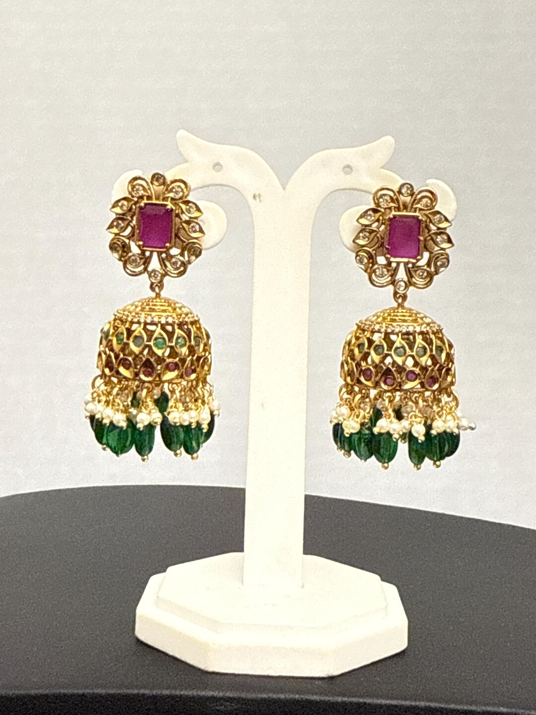 Ruby AD Green Beads Drop Earrings: Indian Jewelry, Antique Gold Finish ...