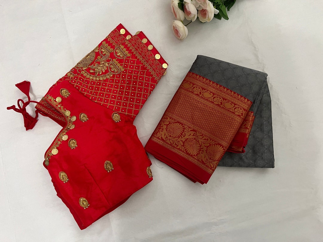 Soft Silk Saree With Blouse/ash Brown Color With Red Border Floral ...