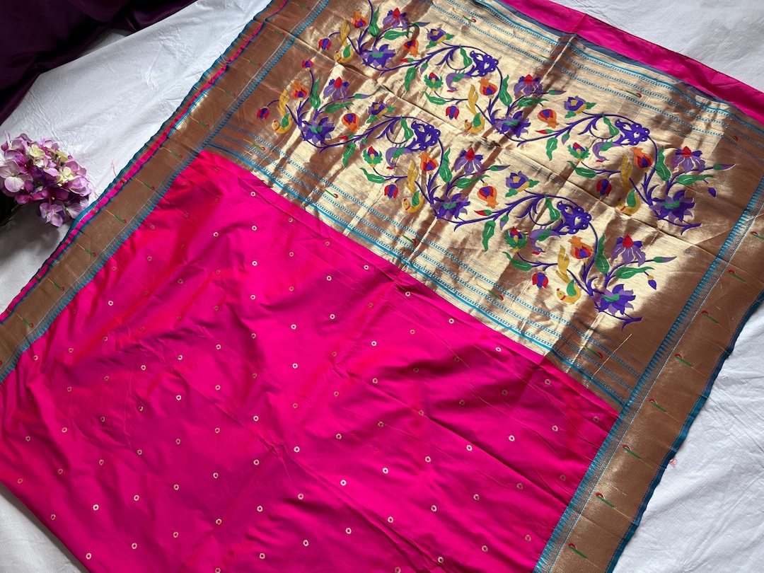 Rani Pink Paithani Silk Saree: Soft /gold Yellow Zari Border/fall Edges ...