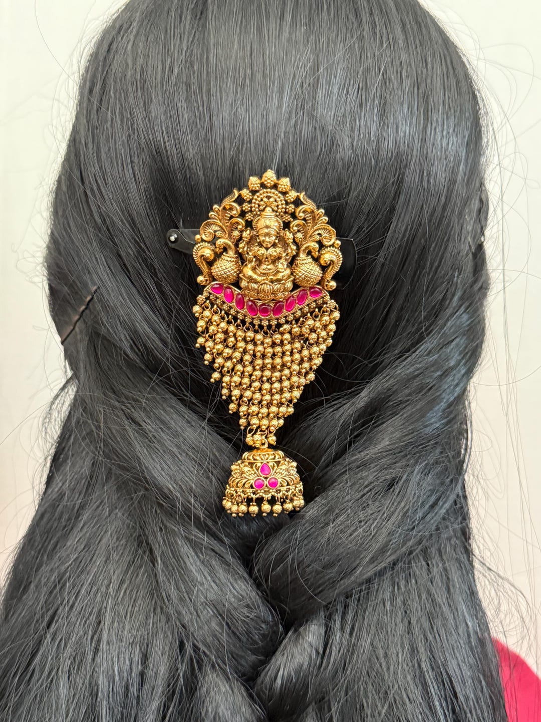 Goddess Lakshmi Devi/ Kemp Gold Beads Jhumka Hair Clip : Bridal Jewelry ...