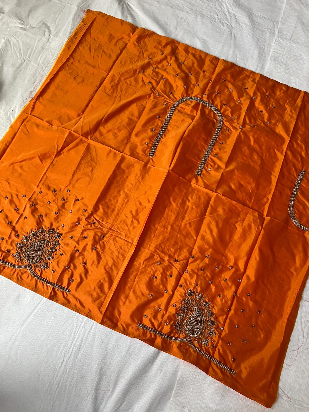 Aari Work With Stones/blouse Meattiral/banarasi Silk Orange Yellow ...