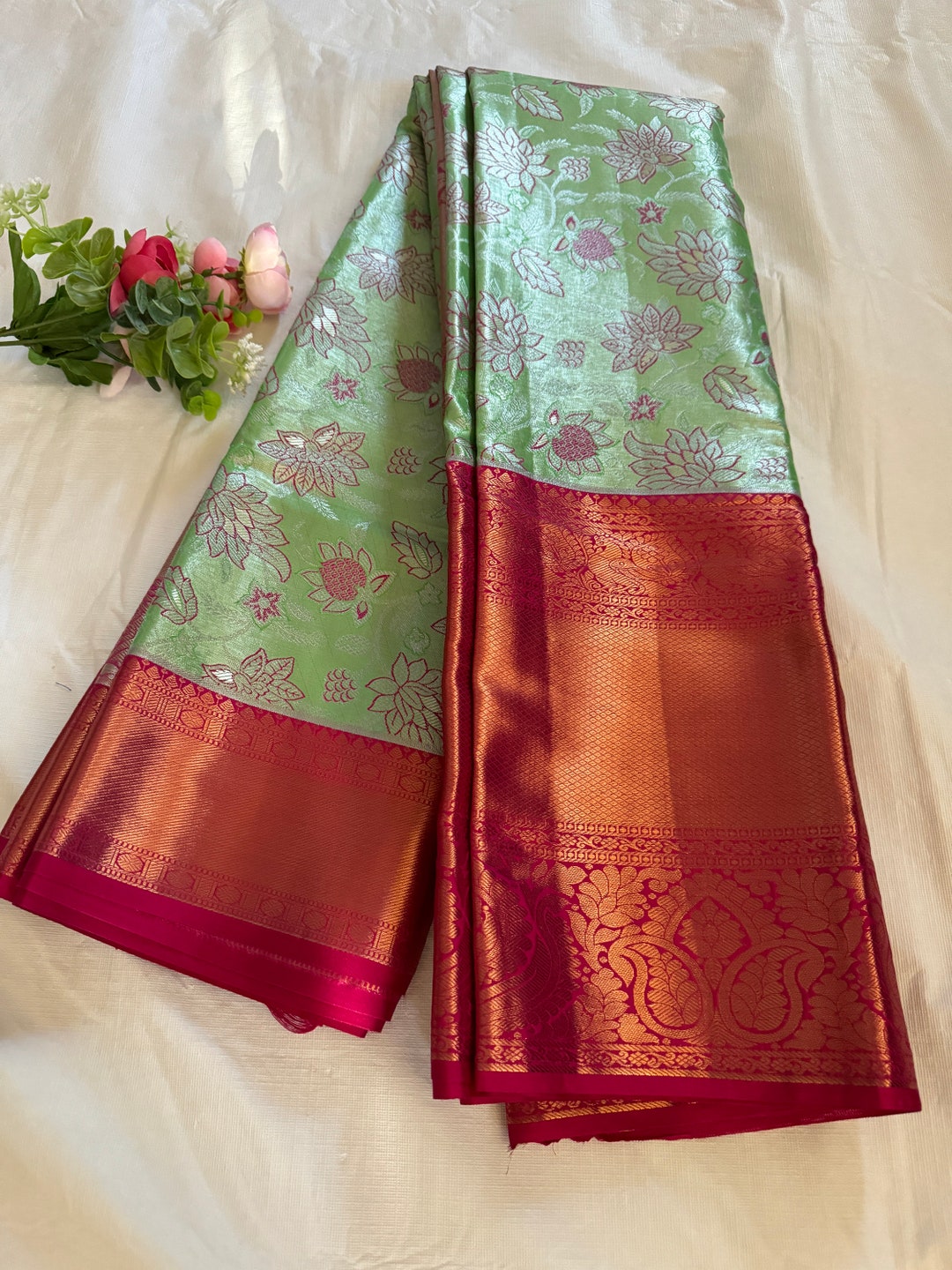 Kanchi Pattu Mint Green Color Saree Handloom Tissue Bridal Semi Silk ...