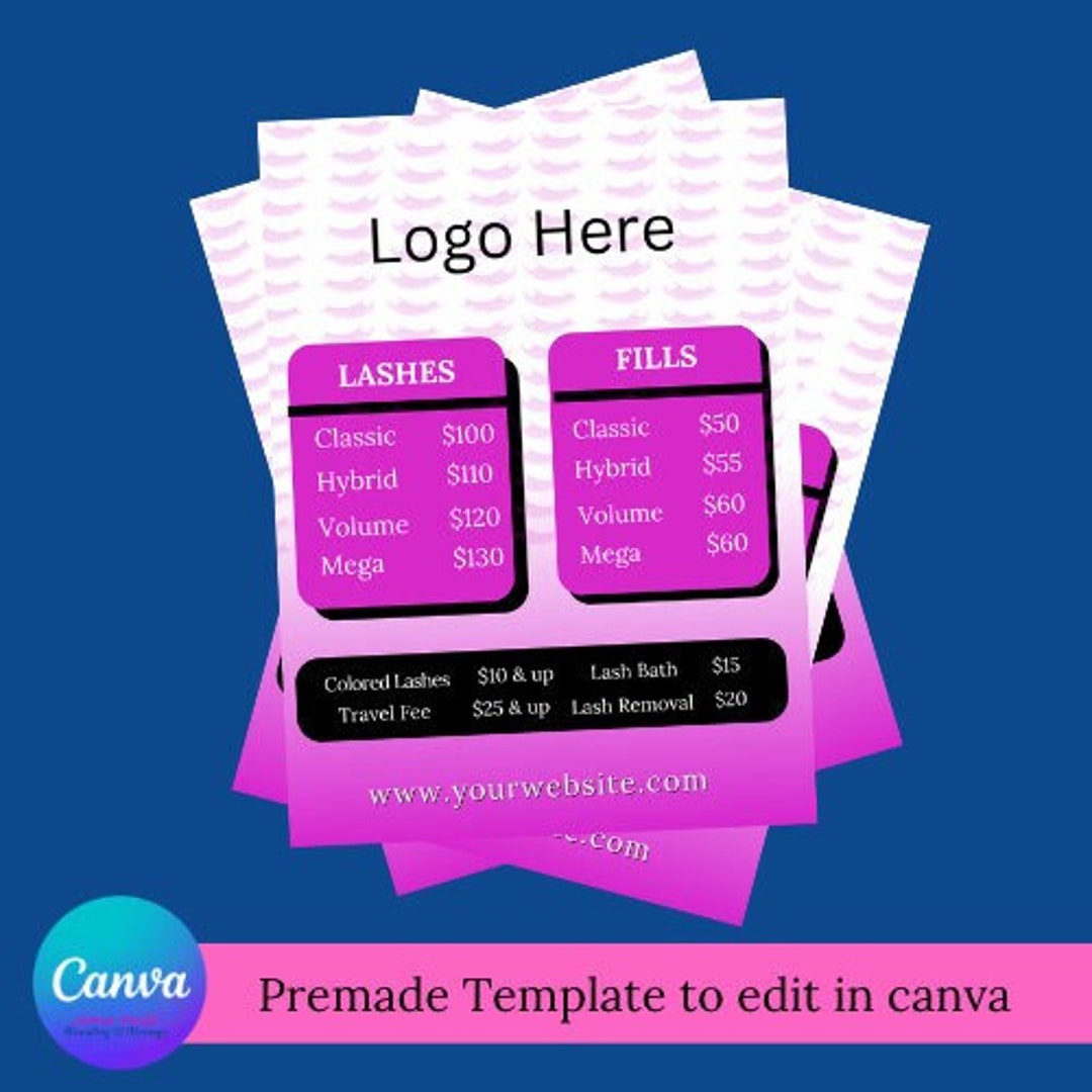 Lash Price List, DIY Template, Canva Template,printable Price List ...