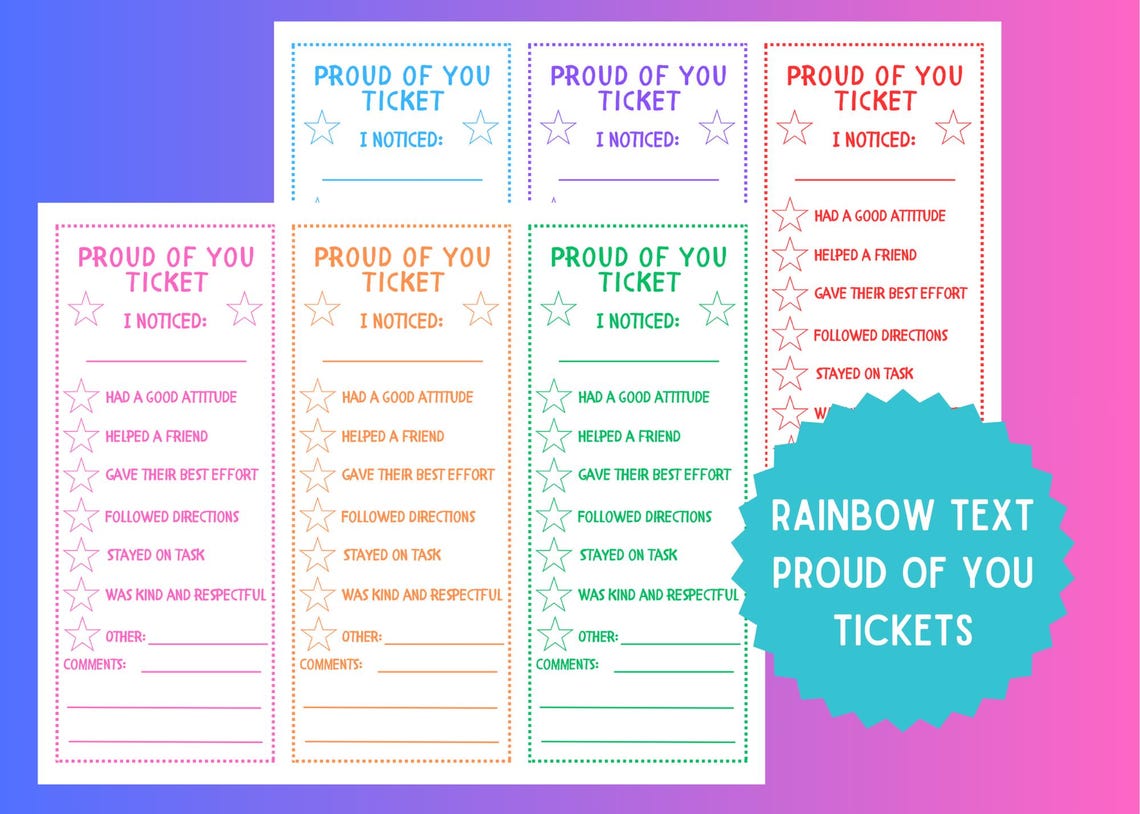 PROUD OF YOU Ticket- Rainbow Text Template, Teacher Praise, Digital ...