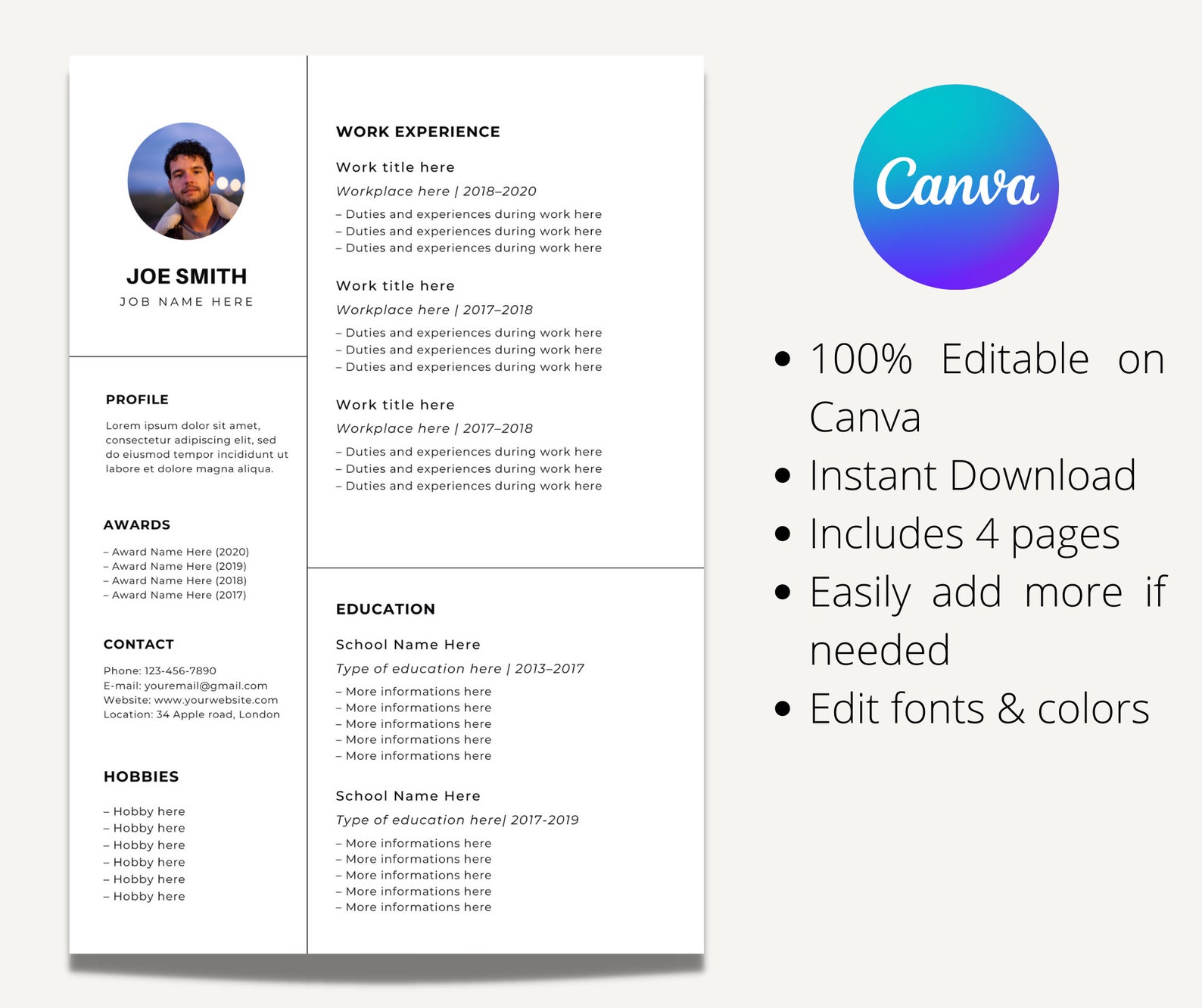Resume Template With Photo | Simple Resume Template | CV Template ...