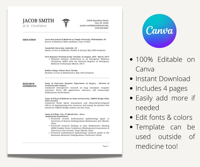 Resume Template, Resident Resume CV Template | Medical Student Resume ...