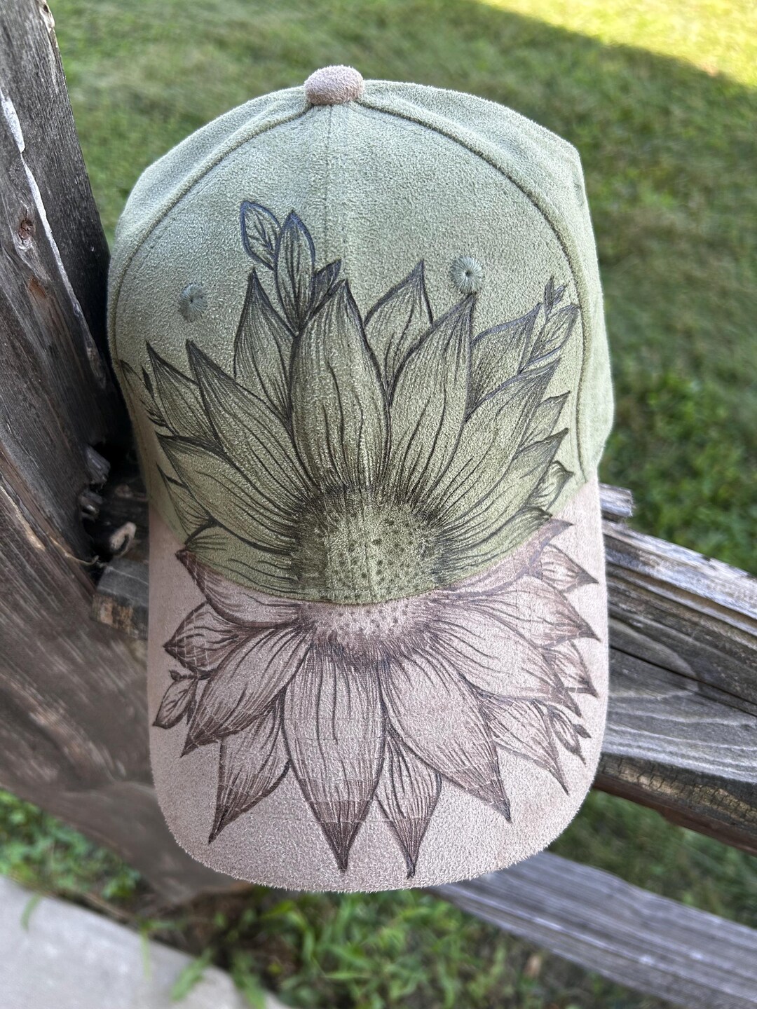 Sage Green Suede, Ball Cap, Trucker Hat, Hand Burned, Sunflower, Floral ...