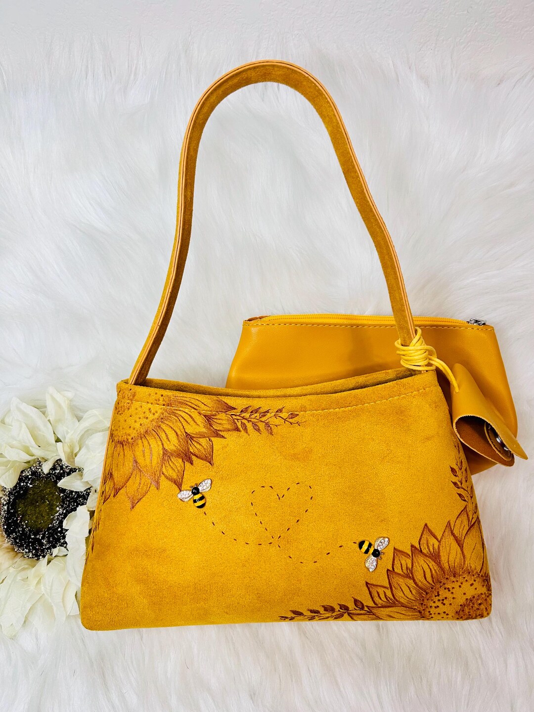 Hand Burned Purse, Mustard Yellow, Sunflowers, Bees, Honeybees ...