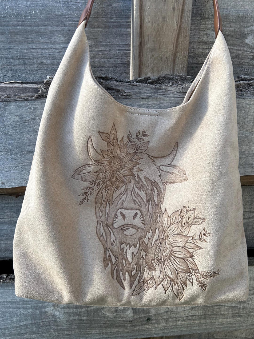 Hobo Shoulder Bag, Highland Cow With Sunflowers, Hand Burned Pyrography ...