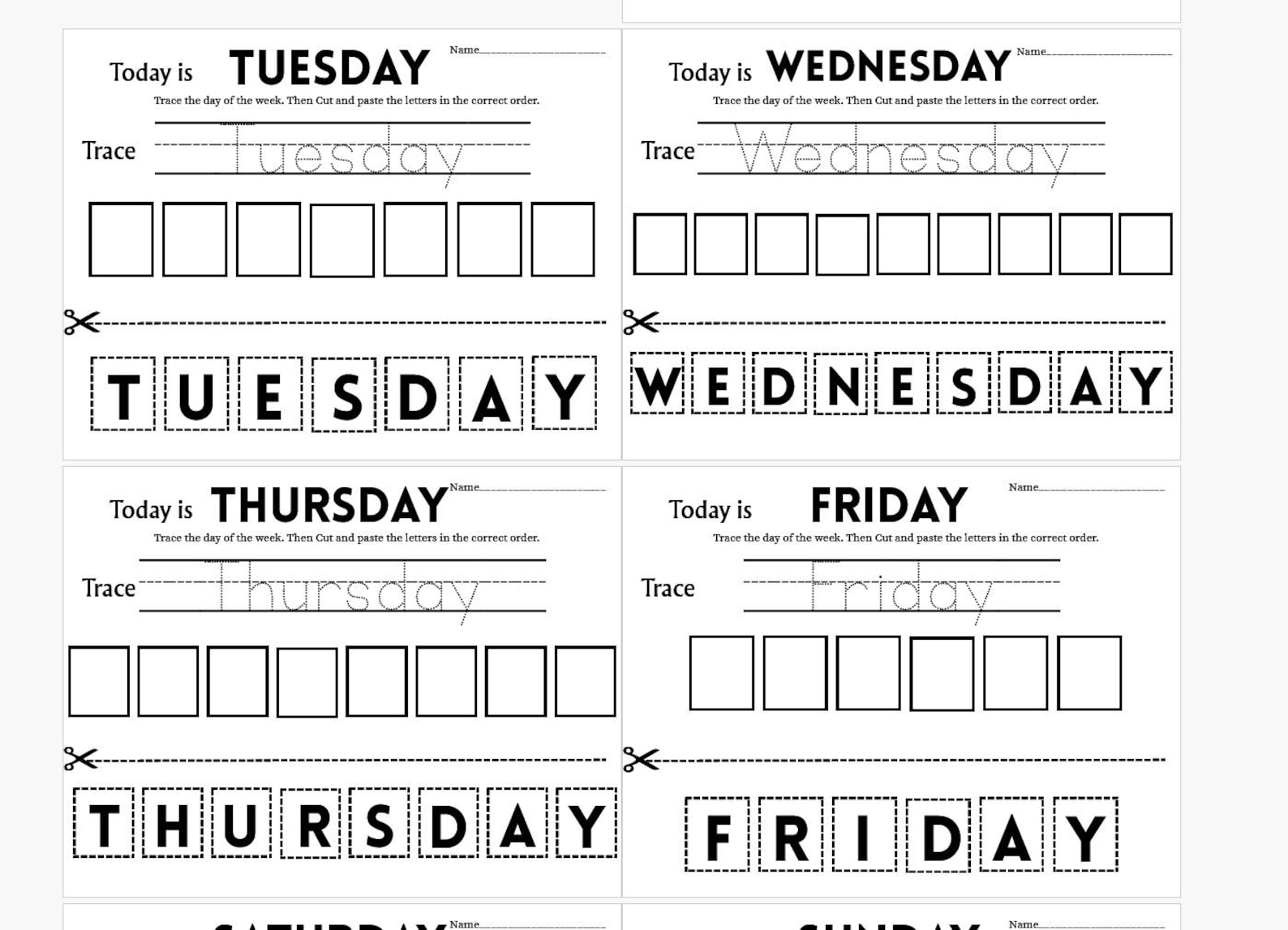 Days of the Week Pre-k/ Kindergarten Worksheets - Etsy