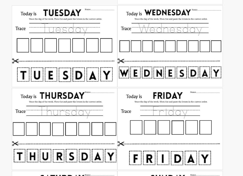 Days of the Week Pre-k/ Kindergarten Worksheets - Etsy