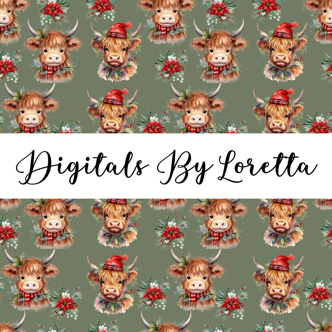 Highland Cows Floral Seamless Pattern Green Background - Etsy